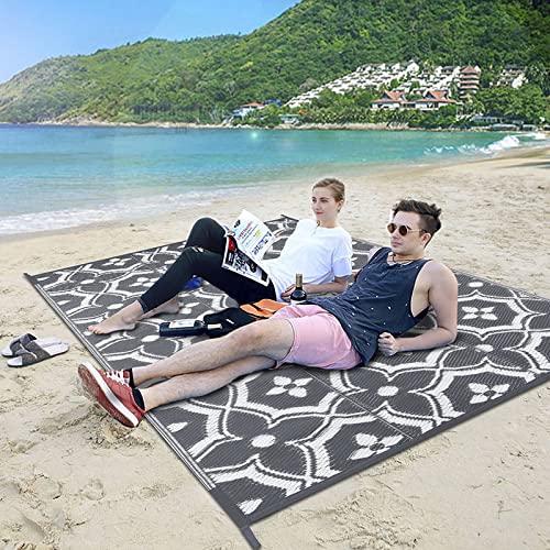 Vaukki Reversible Rug, Plastic Straw Outdoor Mat Fade Resistant Plastic Outdoor Patio Mat, Lightweight Ocean Area Carpet for Patio, RV, Camping, Deck, Backyard and Picnic (Grey and White, 4'x6')