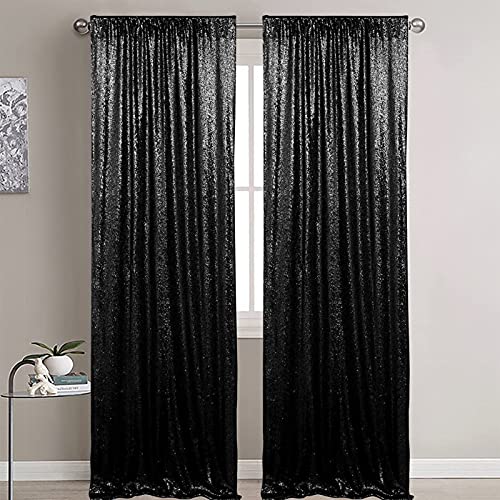 WISPET Black Sequin Backdrop Curtains 2 Panels 2FTx8FT Glitter Drapes Backdrop Sparkle Curtains Photo Backdrop for Halloween Wedding Birthday Bridal Party Decor