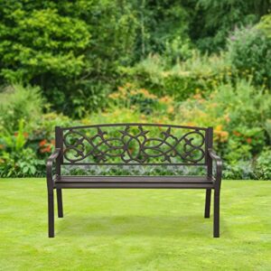 Outogether Steel Bench Metal Bench for Outdoor, Garden Bench for Patio Porch Backyard, Floral Design Backrest Slatted Seat (Brown)