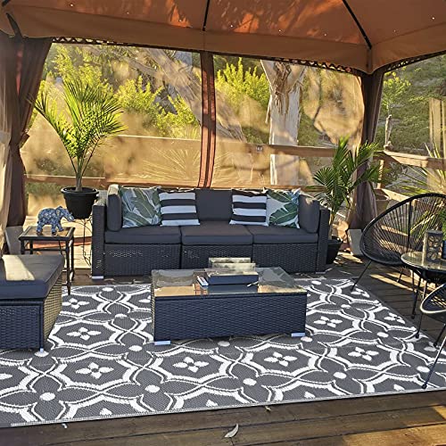 Vaukki Reversible Rug, Plastic Straw Outdoor Mat Fade Resistant Plastic Outdoor Patio Mat, Lightweight Ocean Area Carpet for Patio, RV, Camping, Deck, Backyard and Picnic (Grey and White, 4'x6')