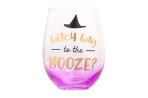 pearhead witch way to the booze wine glass, fall holiday home accessories, halloween stemless wine glass, 15 oz