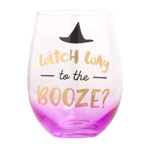 Pearhead Witch Way to the Booze Wine Glass, Fall Holiday Home Accessories, Halloween Stemless Wine Glass, 15 oz