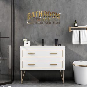 3D Acrylic Mirror Bathroom Wall Sticker, Bathroom Rules Wash Brush Floss Flush Mirror Wall Decals, Removable Lettering Mural Art Decor for Restroom Toilet Washroom (Gold)