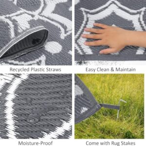 Vaukki Reversible Rug, Plastic Straw Outdoor Mat Fade Resistant Plastic Outdoor Patio Mat, Lightweight Ocean Area Carpet for Patio, RV, Camping, Deck, Backyard and Picnic (Grey and White, 4'x6')