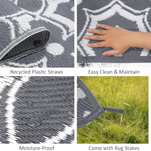 Vaukki Reversible Rug, Plastic Straw Outdoor Mat Fade Resistant Plastic Outdoor Patio Mat, Lightweight Ocean Area Carpet for Patio, RV, Camping, Deck, Backyard and Picnic (Grey and White, 4'x6')