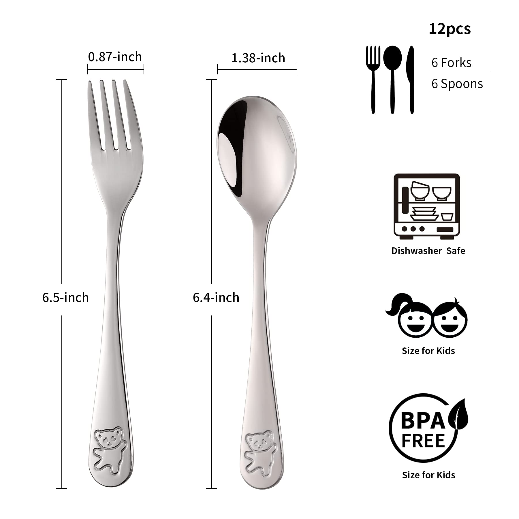 Kids Silverware Set, Poylim Children's Flatware,Safe Toddler Utensils, 6 Child Forks and 6 Child Spoons