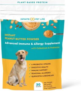 dog probiotic with colostrum, allergy and immune support supplement for dogs peanut butter powder | 12.7 oz | made in usa |