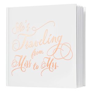 calculs she's traveling from miss to mrs polaroid bridal shower guest book 8.5" square bride to be scrapbook, white cover, rose gold foil stamping, blank white pages for instax