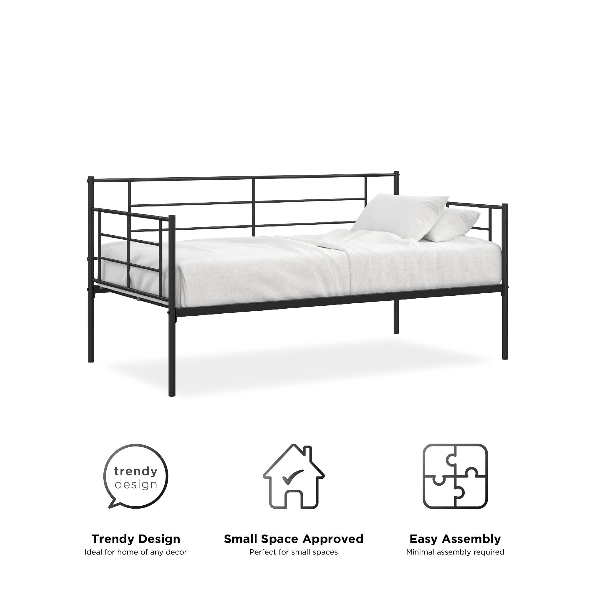 REALROOMS Praxis Metal Daybed with Steel Frame and Slats, Under Bed Storage, Twin, Black