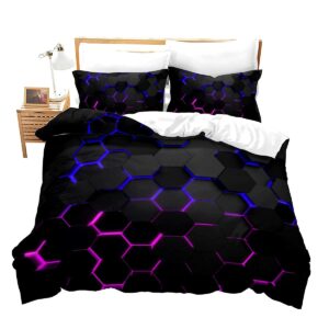 3D Honeycomb Duvet Cover Set Full Size for Kids Geometry Hexagon Bedding Sets with 2 Pillowcase,Pink Blue Neon Lights Print Comforter Cover Teen Boys Girls Bedroom Decor Bed Cover 3 Piece, Black