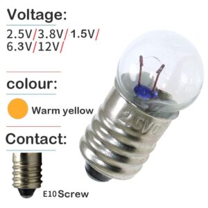 MEETOOT 10pcs E10 Mini Light Bulbs 2.5V 0.3A Physical Electrical Experiment Screw Base Indicator Light Incandescent Bulb Old-Fashioned Flashlight Lamp