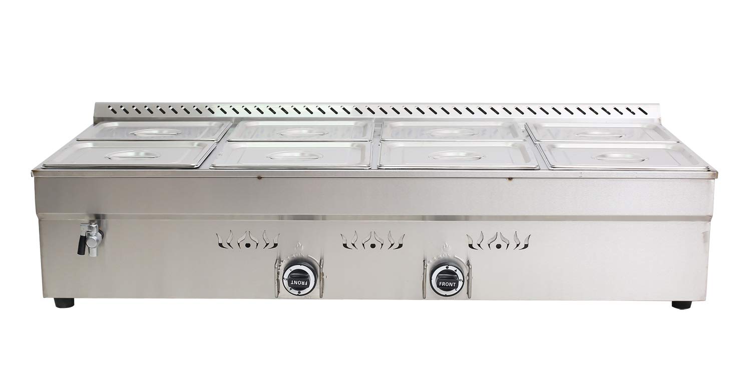 TECHTONGDA Propane Gas Food Soup Warmer Stove Bain Marie Commercial Canteen Buffet Steam Heater with Regulator Valve 12''x8.7''x4'' Pan 8 Pan