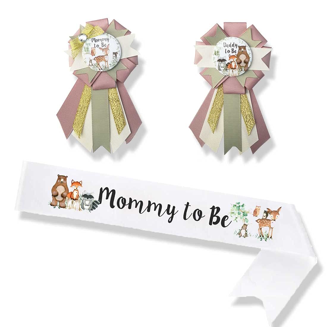 HEETON Woodland Baby Shower Sash Mom to Be & Daddy to Be Corsage Party Supplies Decorations Fox Oh Baby Woodland Welcome Baby Creatures Fawn Animal Friends Backdrop for Girl Boy Gender Reveal