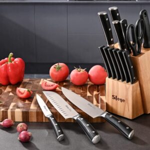 Knife Set, Slege 16 Pieces Kitchen Knife Set with Block, High Carbon Stainless Steel Knife Block Set with Sharpener and Kitchen Shear, Classic Straight Handle, Dishwasher Safe