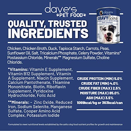 Dave's Pet Food Gravylicous Soft Wet Dog Food for Small & Large Dogs (Chicken & Duck with Veggies), Grain Free Canned Dog Food, Added Vitamins & Minerals, Wheat & Gluten-Free, 12oz Cans (Case of 12)