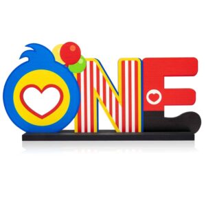 c1krint plim plim one letter sign wooden table centerpiece, circus clown plim plim theme first birthday party decoration supplies for one year old baby shower 1st birthday ornaments photo props