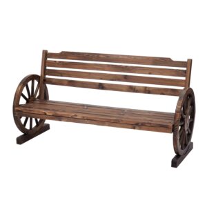 jsun7 2-person rustic wooden wheel bench wagon wood seat with backrest rustic country design bench for backyard patio