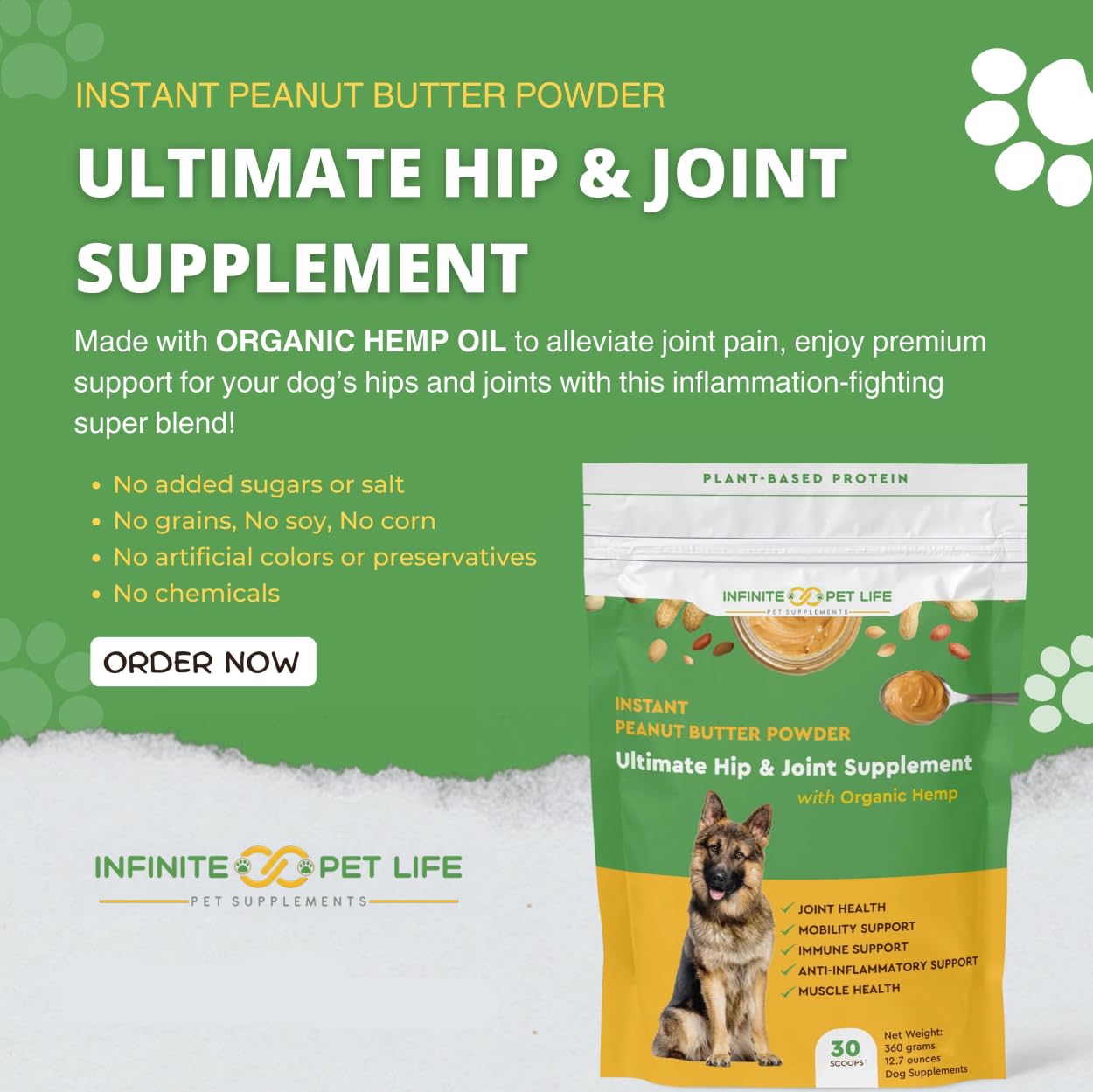 Infinite Pet Life Joint and Hip Supplements for Dogs Instant Peanut Butter Powder | 12.7 oz | Promotes Joint Health, Mobility, & Muscle Health