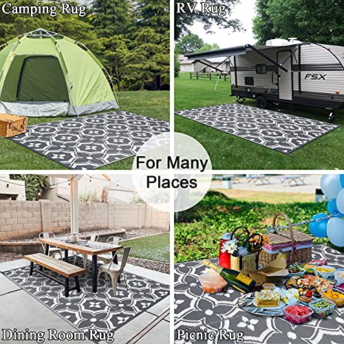 Vaukki Reversible Rug, Plastic Straw Outdoor Mat Fade Resistant Plastic Outdoor Patio Mat, Lightweight Ocean Area Carpet for Patio, RV, Camping, Deck, Backyard and Picnic (Grey and White, 4'x6')