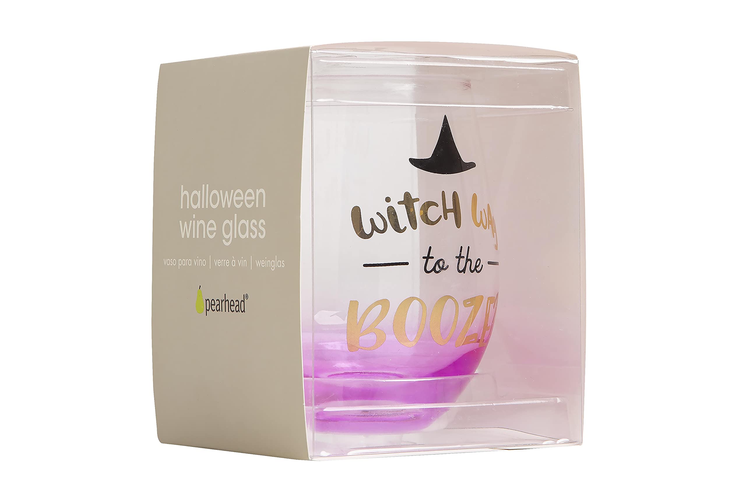 Pearhead Witch Way to the Booze Wine Glass, Fall Holiday Home Accessories, Halloween Stemless Wine Glass, 15 oz