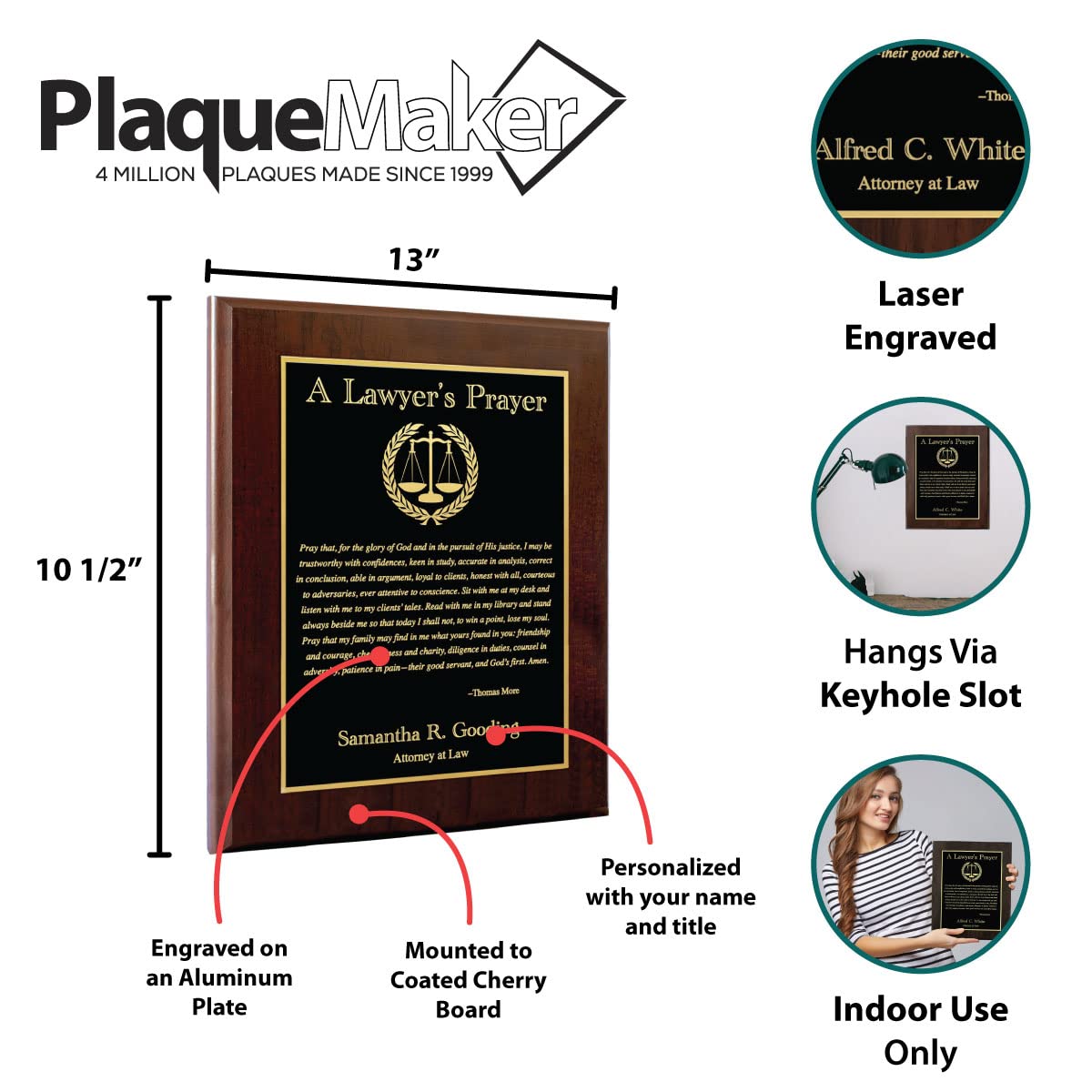 Customizable Lawyer's Prayer Plaque - Thank or Congratulate an Attorney or Celebrate a Law Student's Accomplishments - Include Their Name or Special Message (Cherry Wood w/Black and Gold Metal)