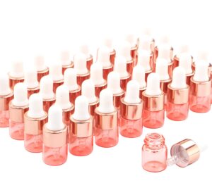 usrommaner 35 pack,1ml pink sample dropper vial,empty glass eye dropper bottle with rose-gold cap,liquid mini glass pipette travel essential oil perfume container-pipette,funnel,included