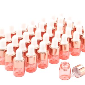 USRommaner 35 Pack,1ml Pink Sample Dropper Vial,Empty Glass Eye Dropper Bottle With Rose-Gold Cap,Liquid Mini Glass Pipette Travel Essential Oil Perfume Container-Pipette,Funnel,included