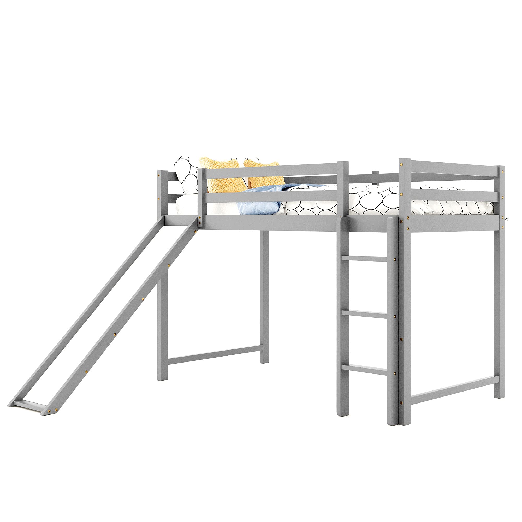 Actual Twin Over Twin Low Bunk Bed, Wood Bunk Bed Frame with Slide and Fence for Kids, Toddlers, Boys, Girls, No Box Spring Needed LF (Gray+Wood)