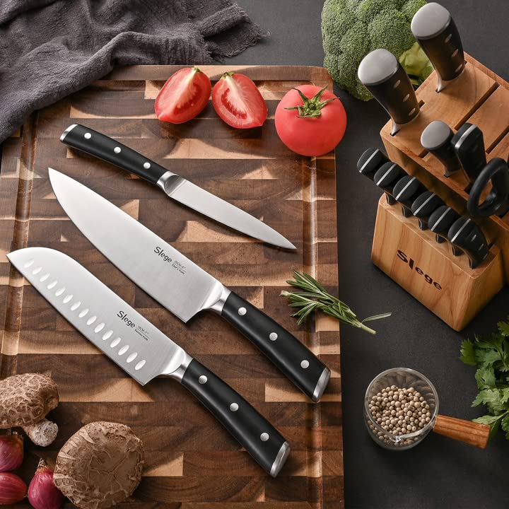 Knife Set, Slege 16 Pieces Kitchen Knife Set with Block, High Carbon Stainless Steel Knife Block Set with Sharpener and Kitchen Shear, Classic Straight Handle, Dishwasher Safe