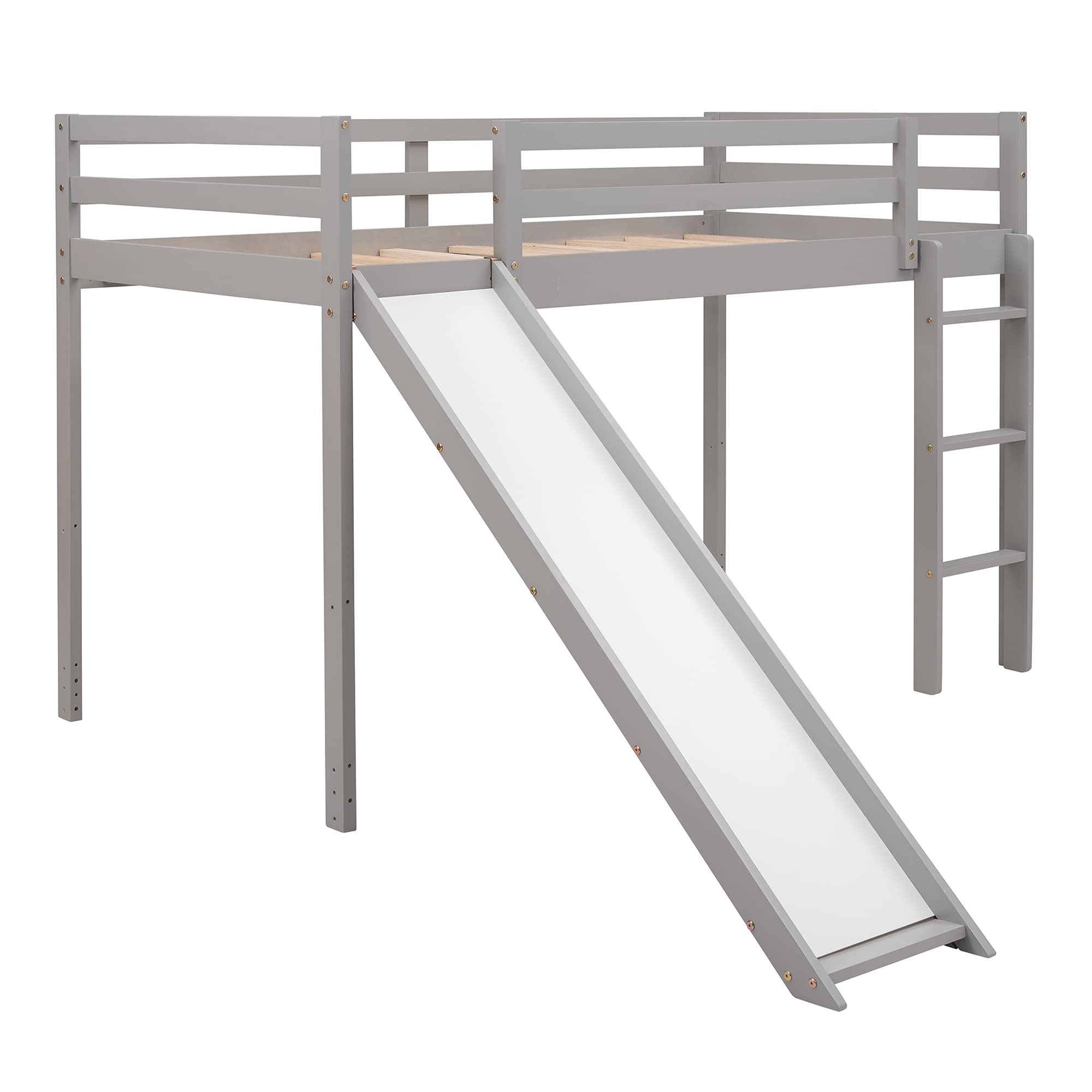 Actual Twin Over Twin Low Bunk Bed, Wood Bunk Bed Frame with Slide and Fence for Kids, Toddlers, Boys, Girls, No Box Spring Needed LF (Gray+Wood)