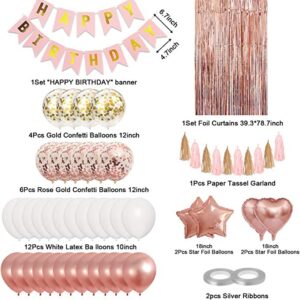 Amandir Rose Gold Birthday Party Decorations Kit, Confetti Foil Rose Gold Balloons Happy Birthday Banner Tassels Metallic Fringe Curtains 30th 40th 50th 60th Birthday Mother's Day Supplies for Women