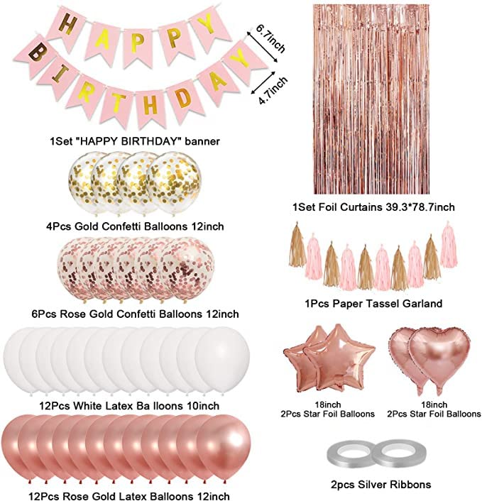 Amandir Rose Gold Birthday Party Decorations Kit, Confetti Foil Rose Gold Balloons Happy Birthday Banner Tassels Metallic Fringe Curtains 30th 40th 50th 60th Birthday Mother's Day Supplies for Women