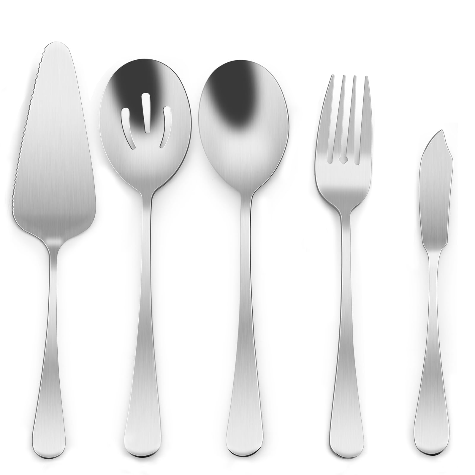 Matte Serving Utensils HaWare 5-Piece Stainless Steel Hostess Serving Set for Party Kitchen Restaurant, Satin Finished, Dishwasher Safe, Include Spoons, Slotted Spoon, Forks, Pie Server, Butter Knife