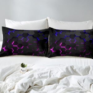 3D Honeycomb Duvet Cover Set Full Size for Kids Geometry Hexagon Bedding Sets with 2 Pillowcase,Pink Blue Neon Lights Print Comforter Cover Teen Boys Girls Bedroom Decor Bed Cover 3 Piece, Black