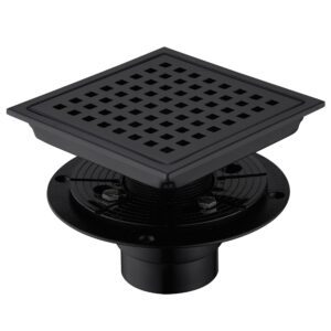 orhemus 6 inch square shower drain with adjustable shower drain base flange, sus 304 stainless steel floor drain with removable cover grid grate, matte black