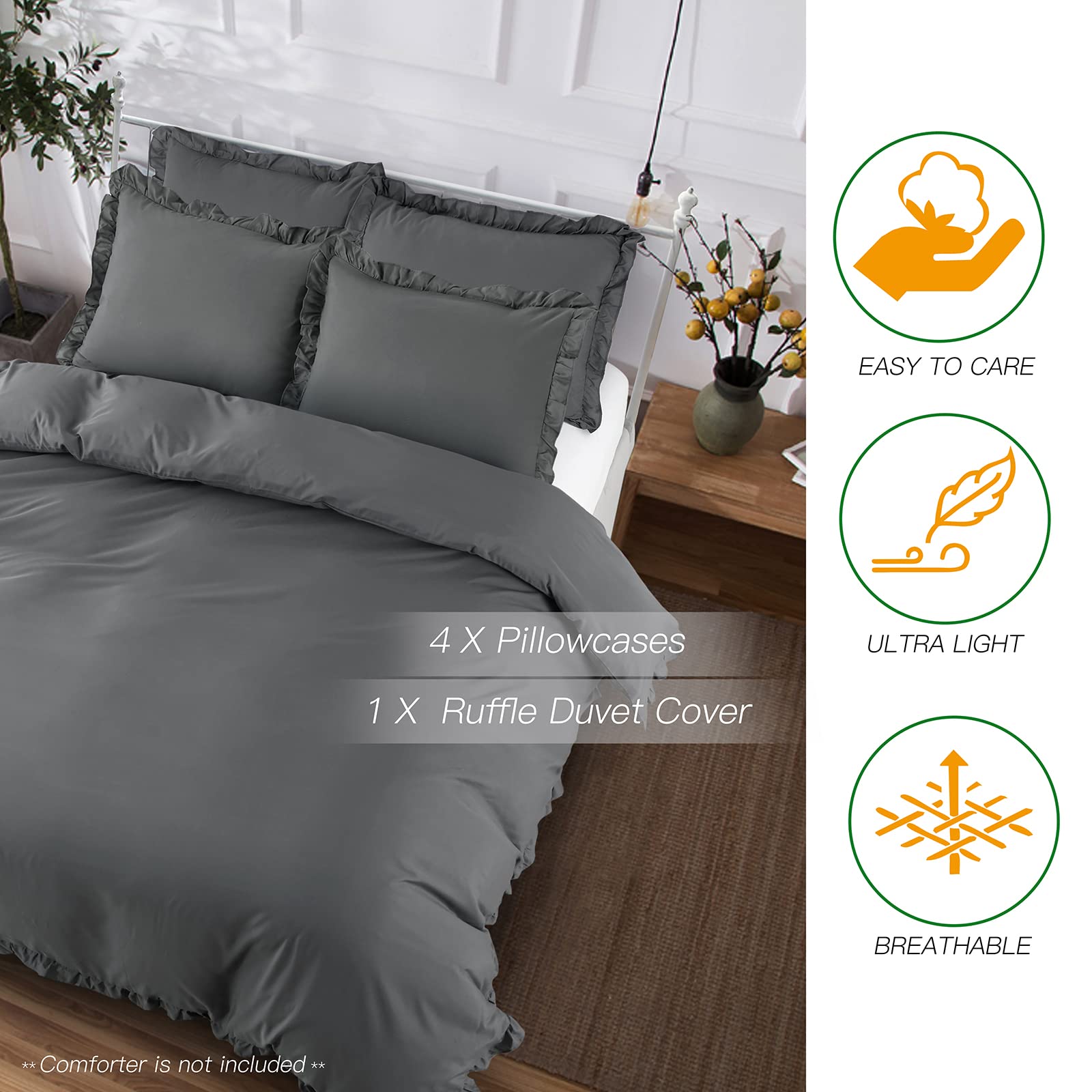 Chvonttow 5 Pieces Sage Green Ruffle Duvet Cover Set, Ultra Soft Microfiber Duvet Cover Queen Size Set, Bedding Duvet Cover Set with Zipper Closure, 1 Duvet Cover + 4 Pillowcases (Sage Green, Queen)