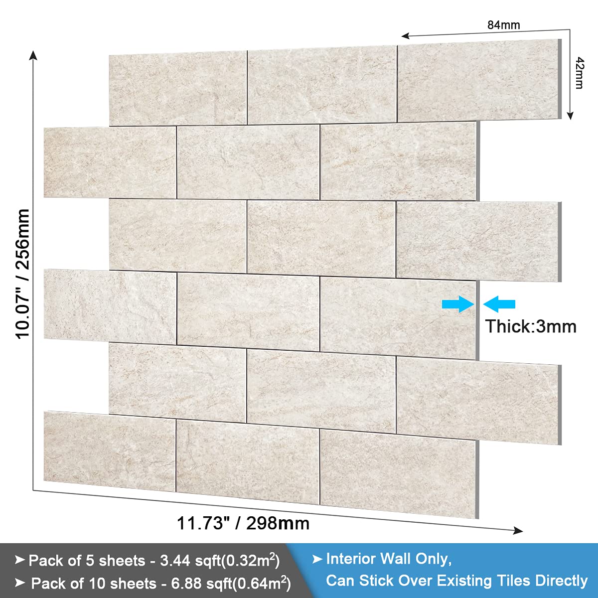 BeNice Peel and Stick Backsplash for Kitchen,Bathroom Wall Backsplash Tile Peel and Stick Shower Tiles Waterproof(10sheets,Rustic Beige)