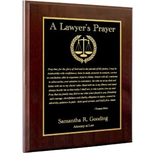 customizable lawyer's prayer plaque - thank or congratulate an attorney or celebrate a law student's accomplishments - include their name or special message (cherry wood w/black and gold metal)