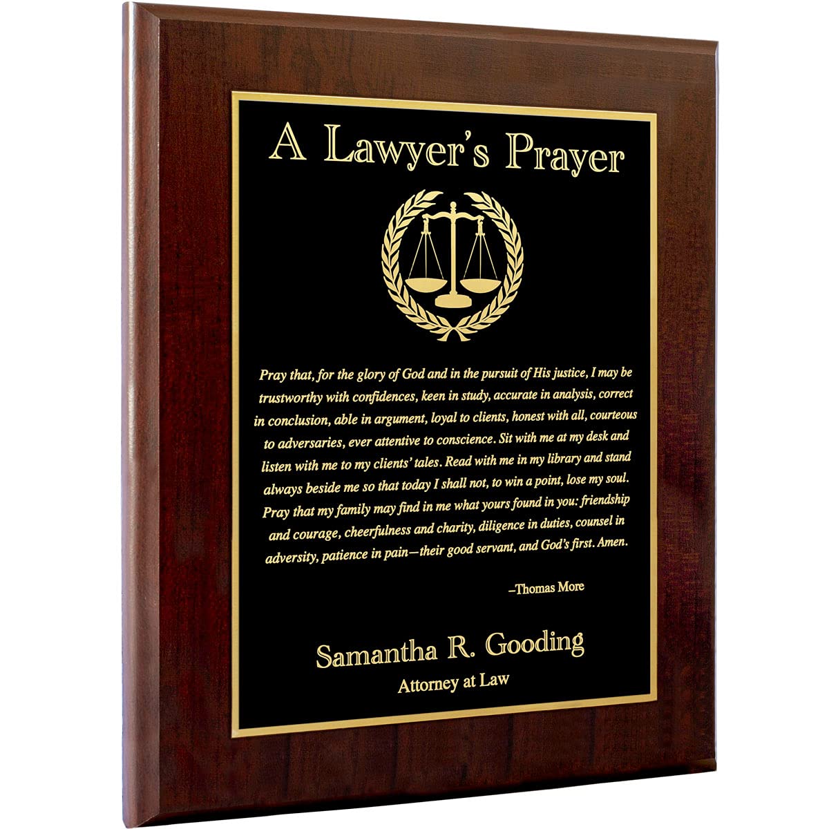 Customizable Lawyer's Prayer Plaque - Thank or Congratulate an Attorney or Celebrate a Law Student's Accomplishments - Include Their Name or Special Message (Cherry Wood w/Black and Gold Metal)