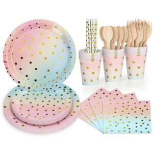 dn dennov 168pcs pink and gold-pastel party supplies, severs 24 disposable party dinnerware include paper party plates,cups,napkins,straw,wooden fork spoon for wedding,christmas(trompe l'oeil gold)