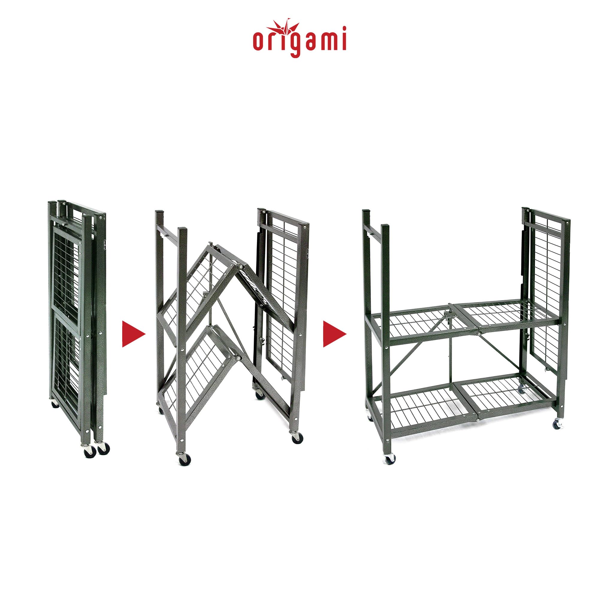 Origami R3 General Purpose Foldable 3-Tiered Shelf Storage Rack with Wheels for Home, Garage, or Office, Pewter (6 Pack)