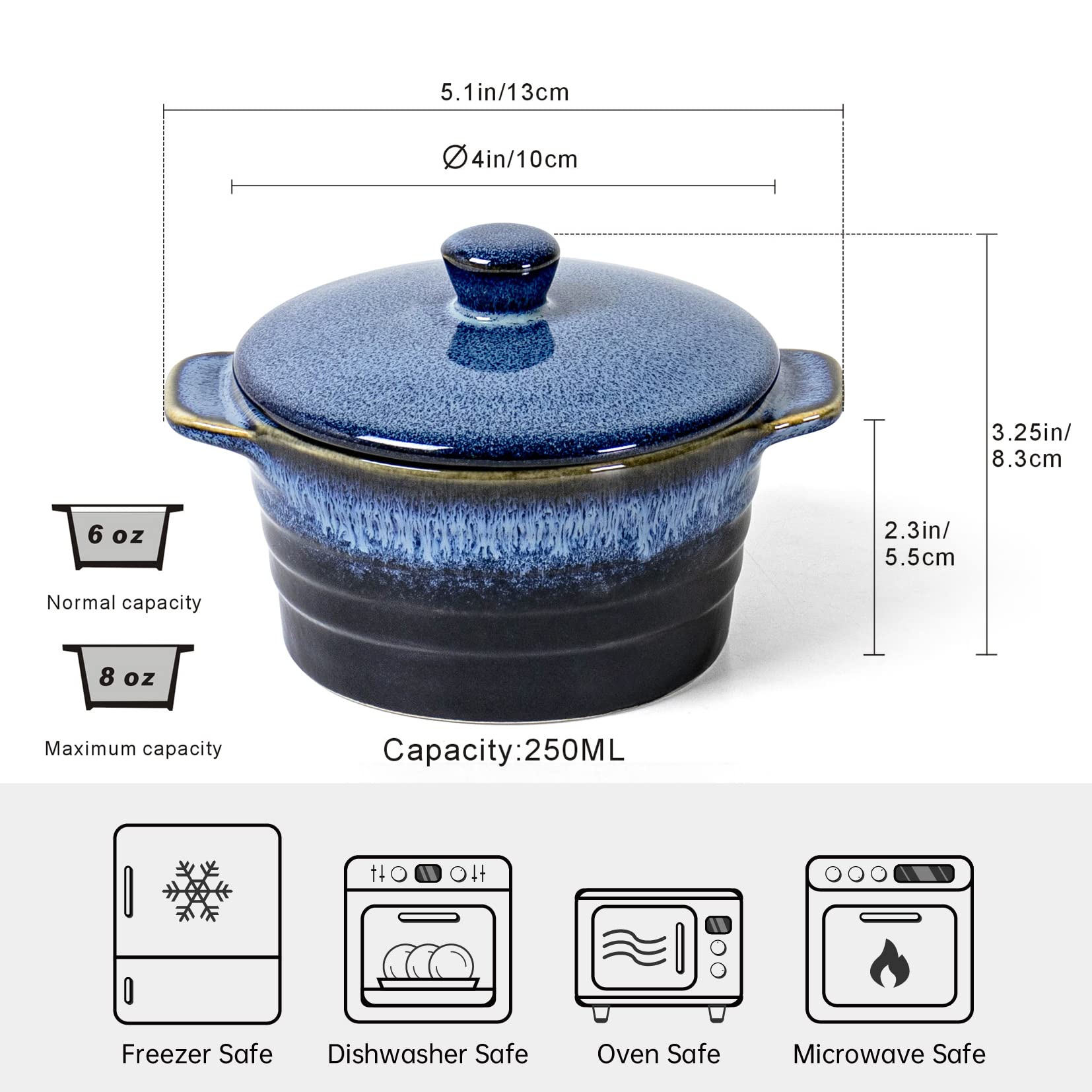 UNICASA 8 oz Ceramic Ramekins with Lid, Mini Casserole Dish with Handles Set of 4, Porcelain Small Baking Dish, Round Small Cocotte Oven Safe, Reactive Glaze (Blue)