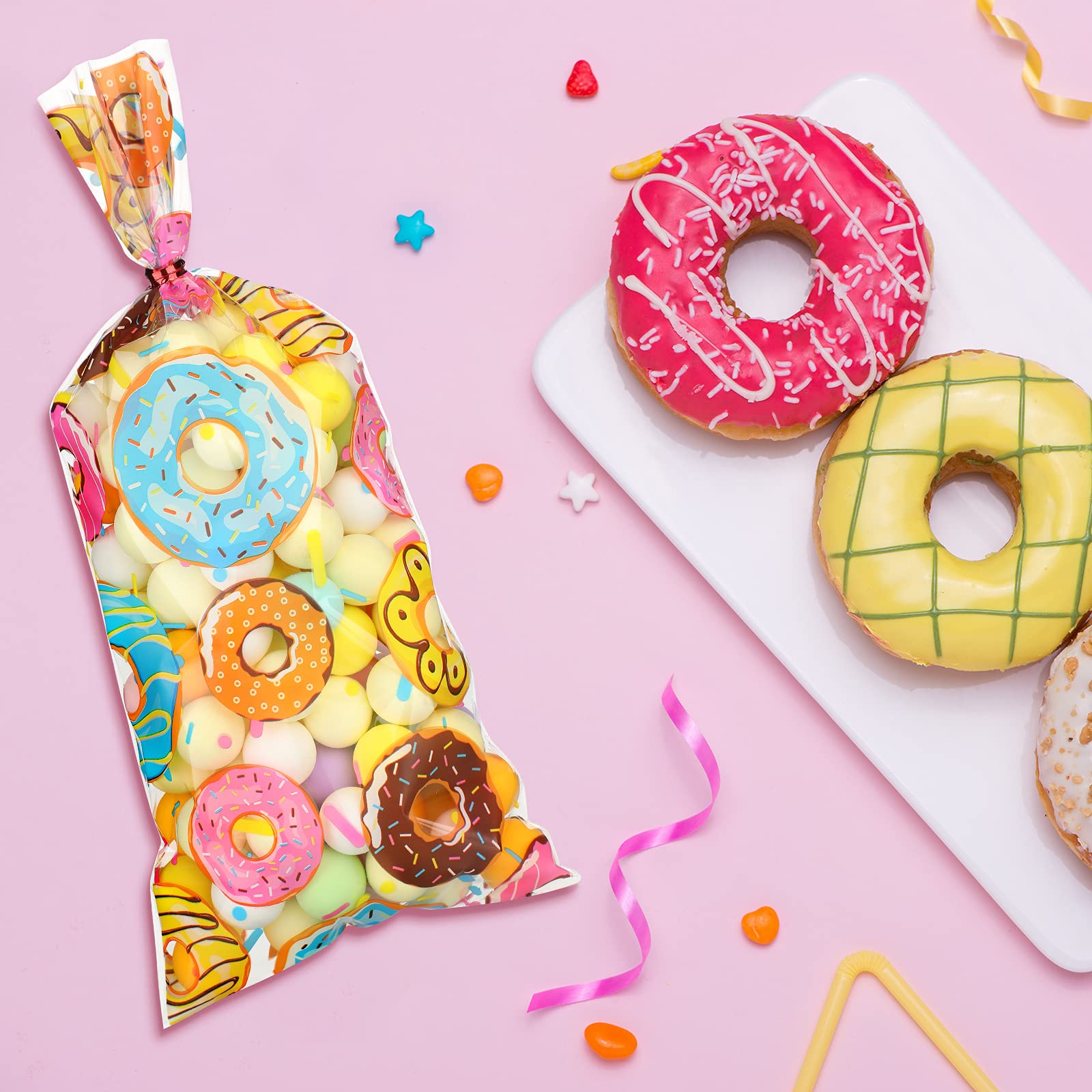 PerKoop 100 Pieces Donut Candy cellophane Bags Sweet Doughnut Treat favor Goodie Bags with 150 Pieces Twist Ties for Donut Birthday Party Supplies, 5 x 11 Inches