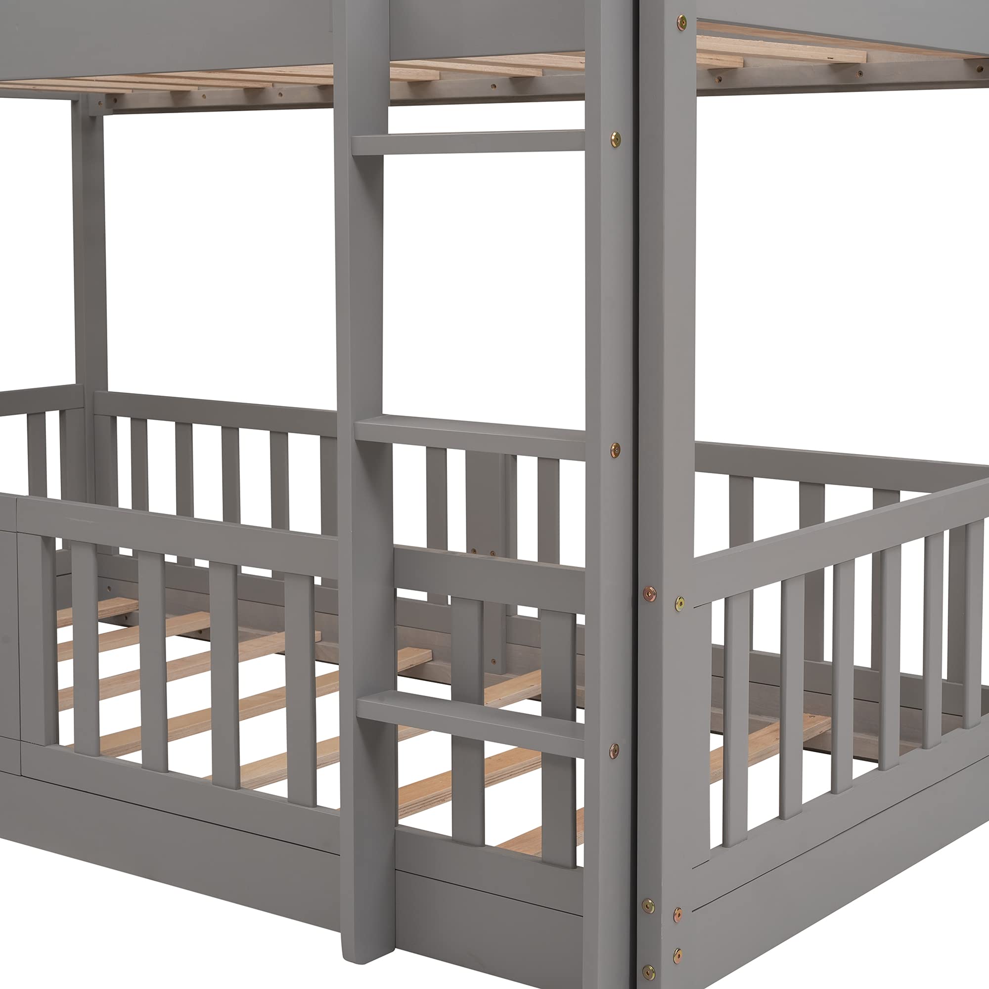 Actual Twin Over Twin Low Bunk Bed, Wood Bunk Bed Frame with Slide and Fence for Kids, Toddlers, Boys, Girls, No Box Spring Needed LF (Gray+Wood)