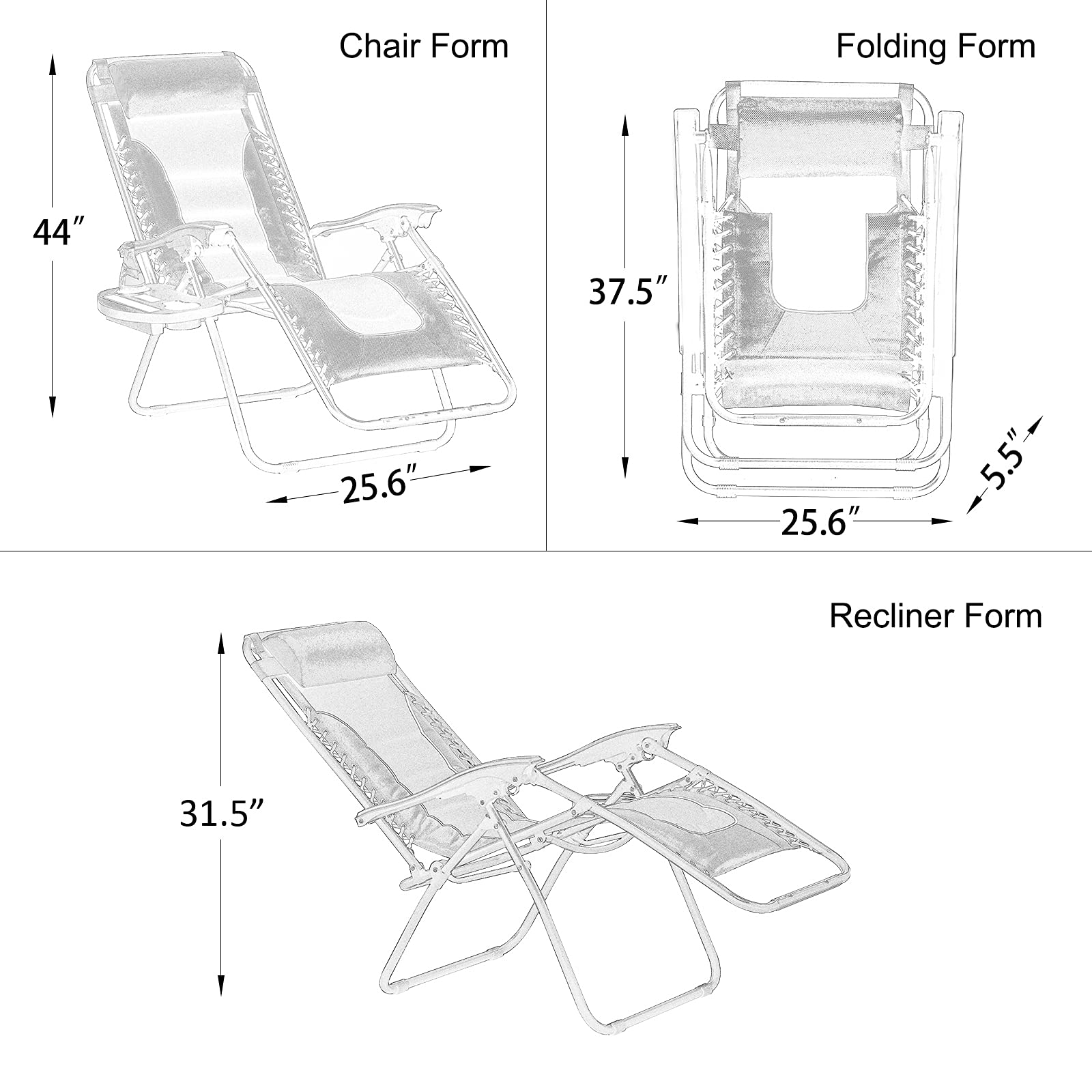 VOYSIGN Adjustable Steel Zero Gravity Lounge Chair, Large Size Padded Recliners w/Pillows and Cup Holder Trays, Support 350 lbs.