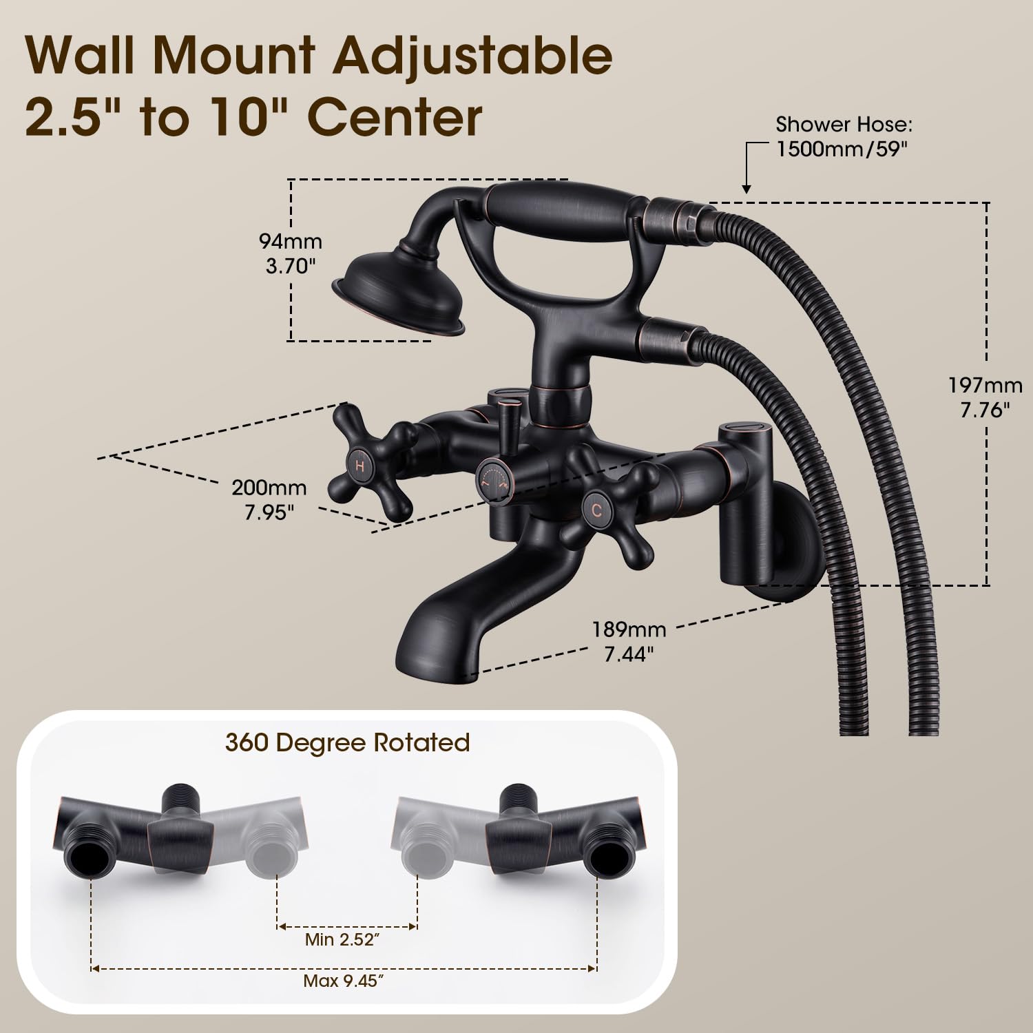 Hanallx Clawfoot Tub Faucet Wall Mount Tub Faucet with Hand Shower 3 to 10in Center Vintage Oil Rubbed Bronze Wall Mount Tub Filler Bathtub Faucet Set with Shower Diverter with Valve