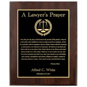 Customizable Lawyer's Prayer Plaque - Thank or Congratulate an Attorney or Celebrate a Law Student's Accomplishments - Include Their Name or Special Message (Cherry Wood w/Black and Gold Metal)