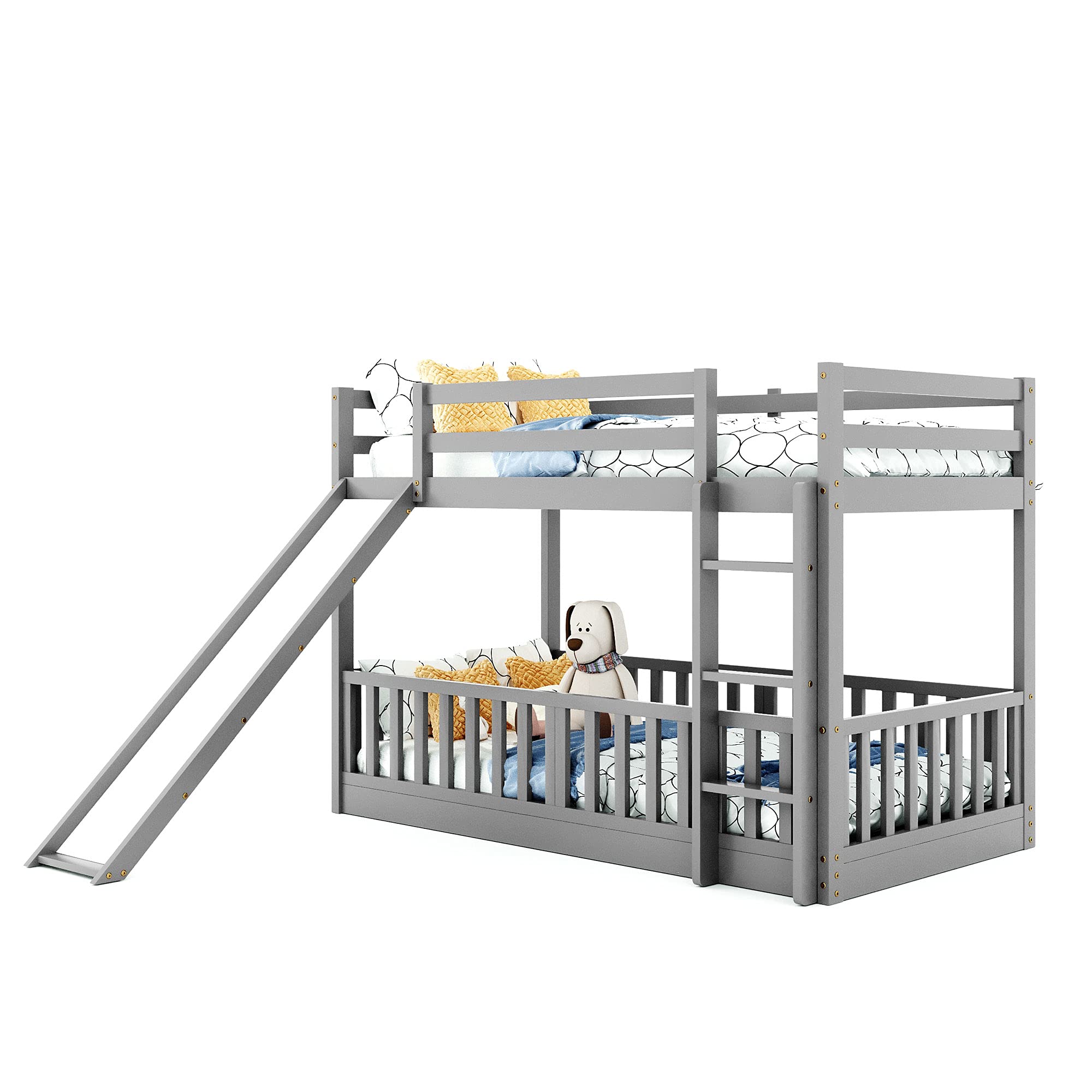 Actual Twin Over Twin Low Bunk Bed, Wood Bunk Bed Frame with Slide and Fence for Kids, Toddlers, Boys, Girls, No Box Spring Needed LF (Gray+Wood)