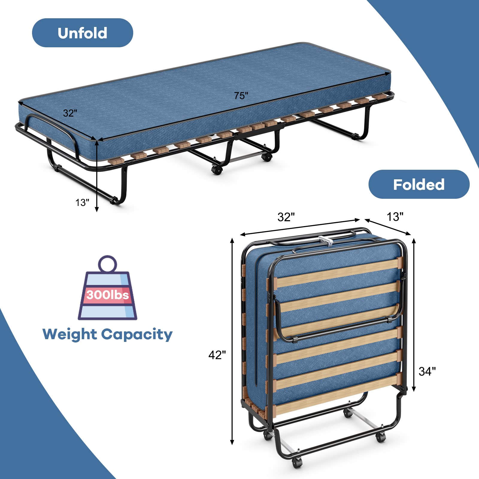 GOFLAME Rollaway Folding Bed with Soft Memory Foam Mattress, Portable Sleeper Bed Cot Size with Metal Frame for Adults, Guest Bed for Spare Bedroom and Office (Blue)