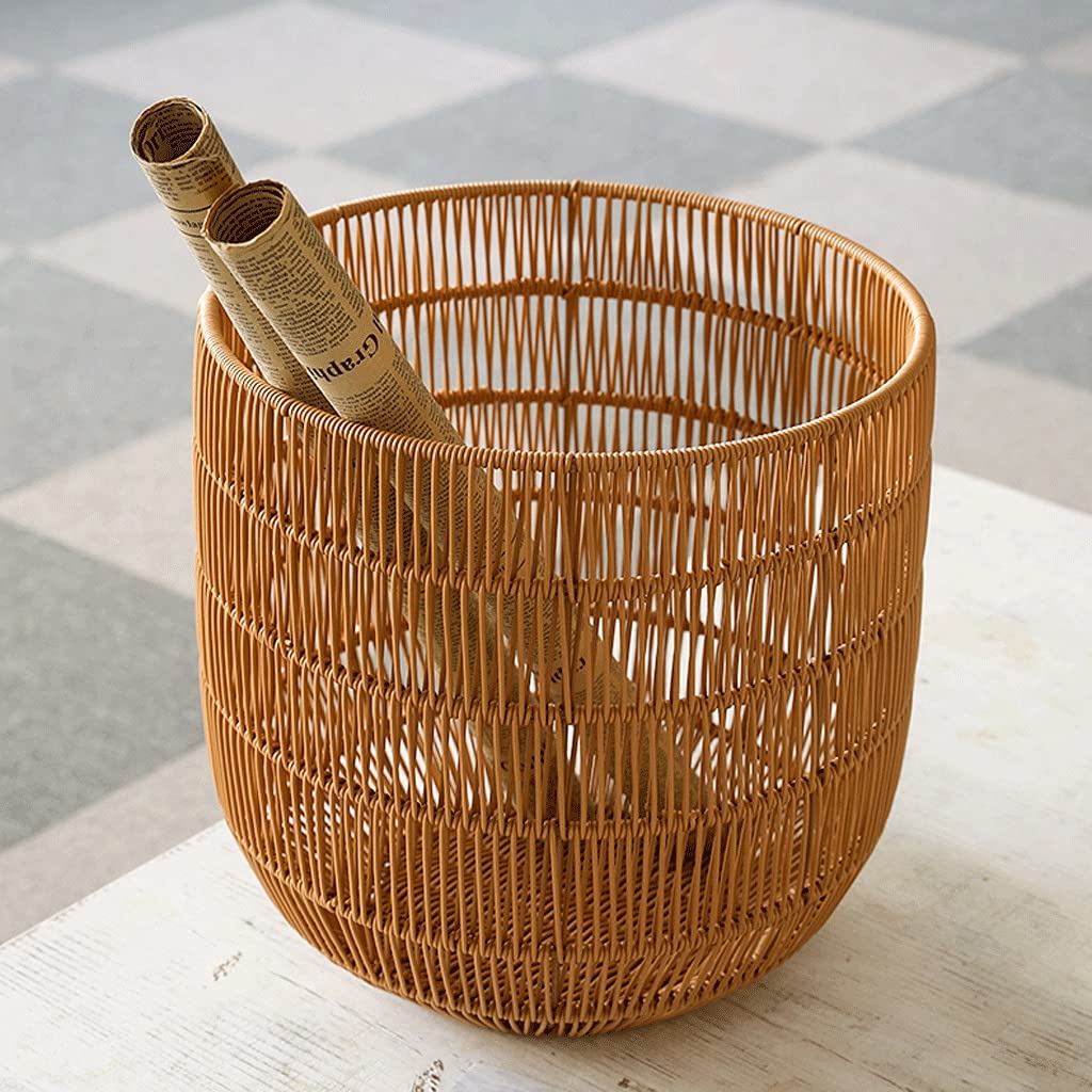 Garbage Cans, Round PP Plastic RattanTrash Can Handwoven Waste Paper Bin Rattan Rubbish Bin for Bedroom Kitchen Bathroom Office Garbage Can Waste Baskets (Color : Brown, Size : Medium)